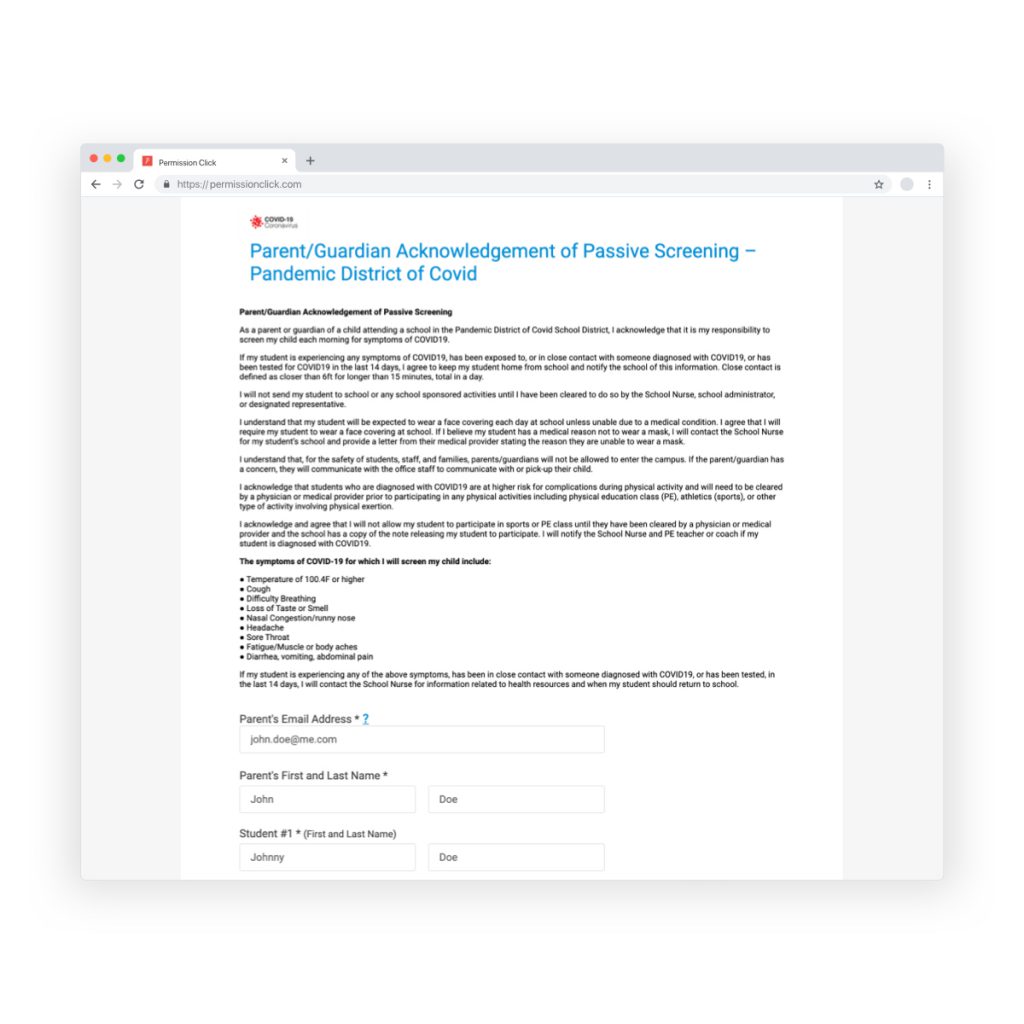 COVID-19 Screening Forms – Permission Click
